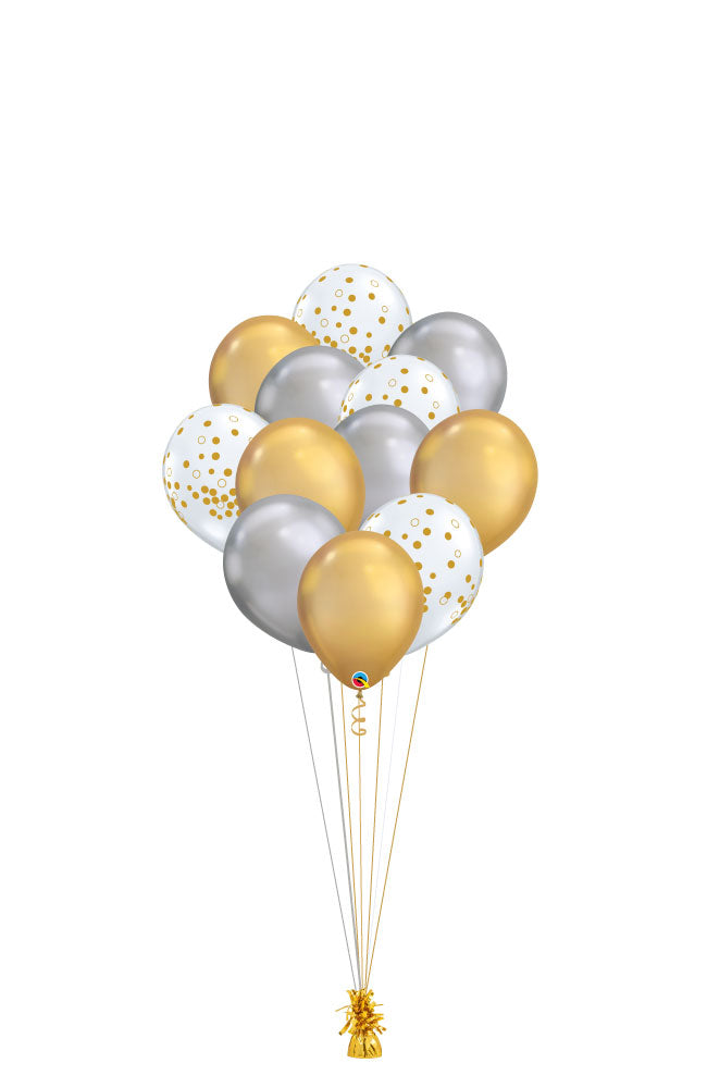 Gold Silver and Confetti Balloon Arrangement – BALLOONERY.COM